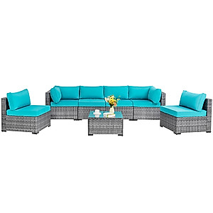 Shintenchi 7 Pieces Outdoor Patio Sectional Sofa Couch, Silver Gray PE Wicker Furniture Conversation Sets with Washable Cushions & Glass Coffee Table for Garden, Poolside, Backyard (Sky Blue)