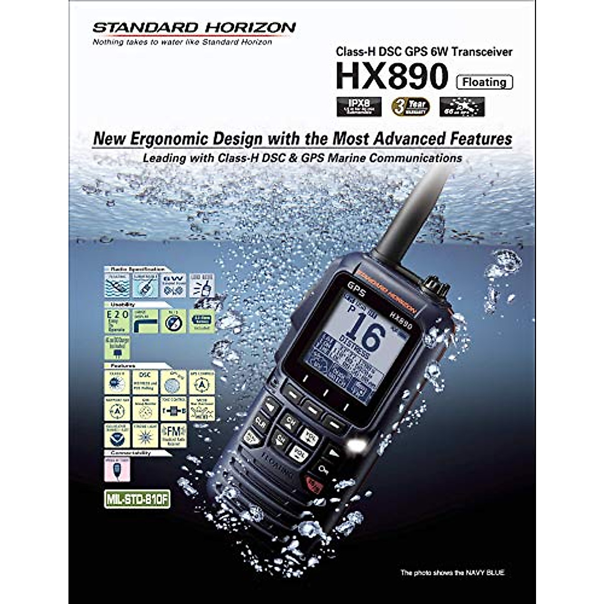 Standard Horizon HX890 Handheld VHF Navy Blue - Floating 6 Watt Class H DSC Two Way Radio