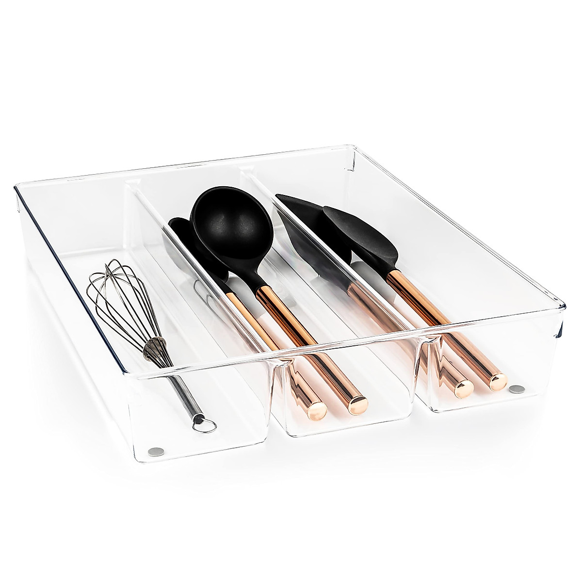 LIVORINI Kitchen Utensils Organizer | Utensil Tray Holder | Large Non-Slip Cutlery Drawer Organizer, 3 Compartment Multi-Purpose Home Organization, Clear Acrylic
