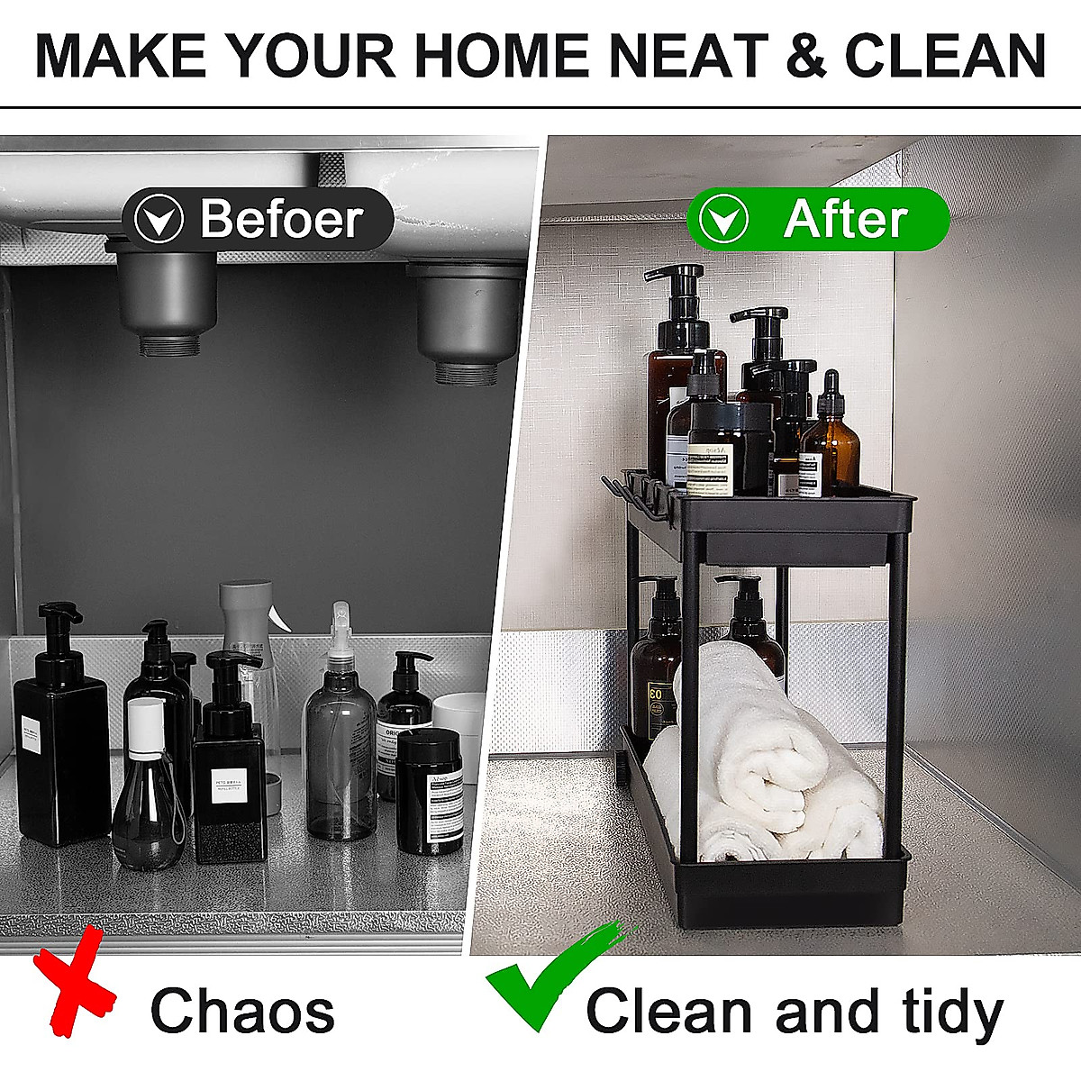 KCBDSE Under Sink Organizer, 2 Tier Bathroom kitchen storage Rack with 4 Hooks,Multi-purpose Under Sink Storage, vanity Countertop Storage Shelf Holder, Black