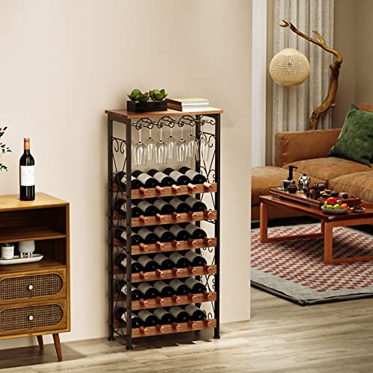 X-cosrack Rustic 30 Bottles Floor Wine Rack Shelf with Wine Glass Holder Rack, Freestanding Wobble-Free 6 Tier Wine Bottle Organizer Display Storage Stand for Kitchen Pantry Patent Pending