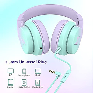 Kids Headphones, Wired Headphones for Kids Over Ear with Microphone, 85/94dB Volume Limiter Headphones for Girls Boys with Sharing Jack, Foldable Headphones for Online Study, Gradient Purple