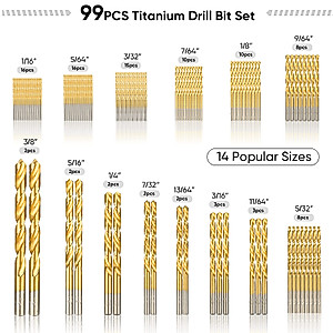 TICONN 99PCS Titanium Coated Drill Bit Set, 135 Degree Tip HSS Bits Kit with Storage Case for Aluminum, Copper, Soft Alloy Steel, Wood, Plastic Size from 1/16" to 3/8"