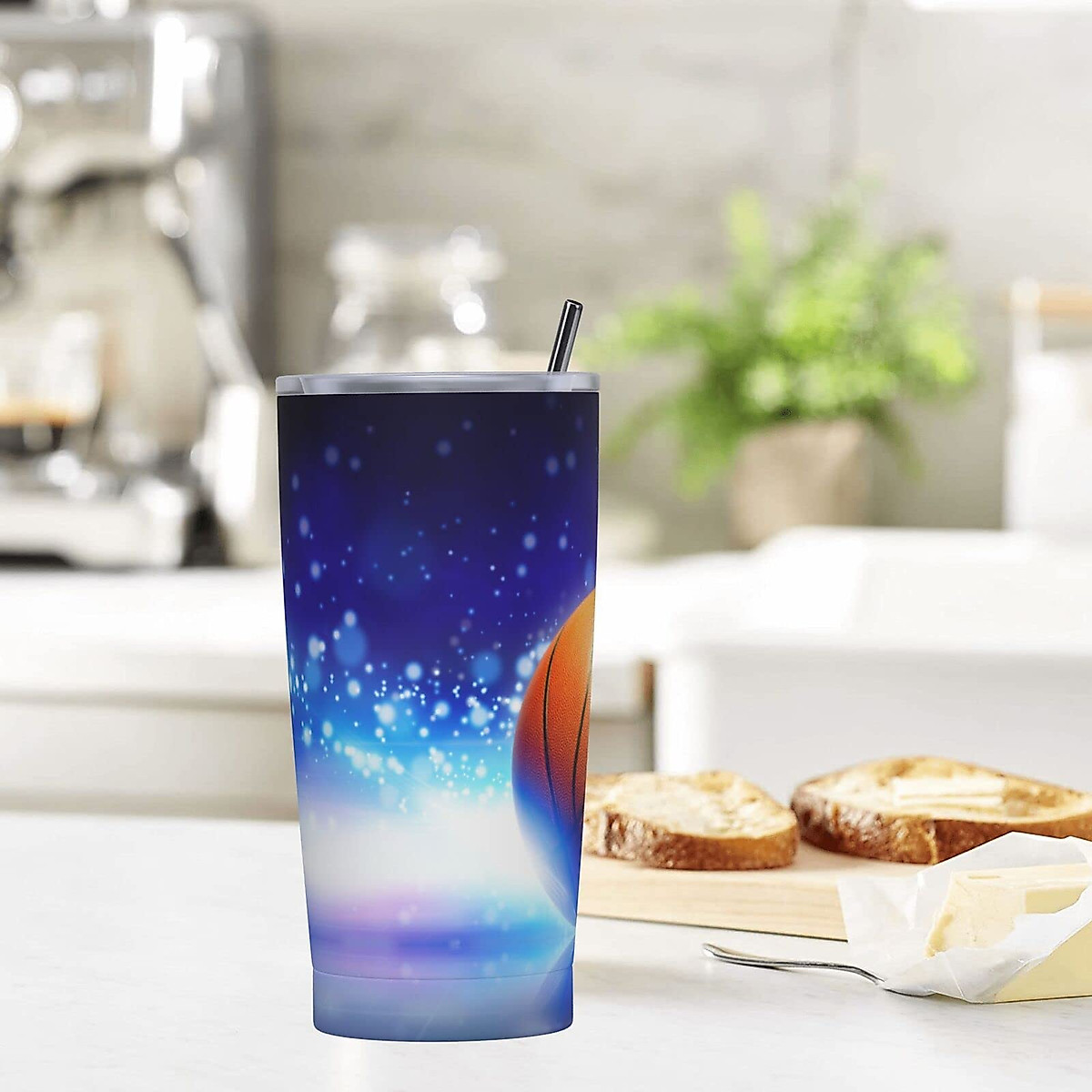 Dujiea 20oz Tumbler With Lid And Straw, Basketball And Blue Light Vacuum Insulated Iced Coffee Mug Reusable Travel Cup Stainless Steel Water Bottle