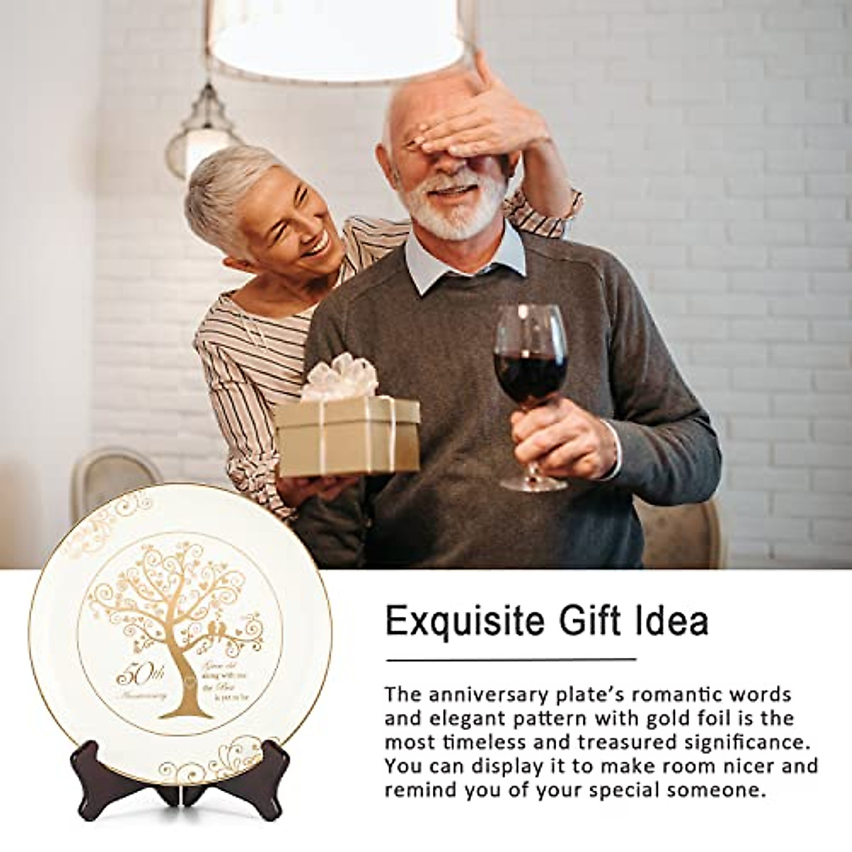 Urllinz 50th Anniversary Plates with 24k Gold Foil-50th Anniversary Wedding Gifts for Parents Couples,Valentine's Day Gifts, 50 Year Golden Wedding Gifts,Porcelain Plate for Her Him with Stand 9 Inch