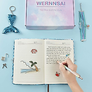 WERNNSAI Mermaid Diary for Girls with Lock - Kids Journals Set Sequins Unique Mermaid Gift for Girls ages 6-8, Travel School Office Notebook Notepad A5 Diary with Ballpoint Pen Bracelet Key-chain