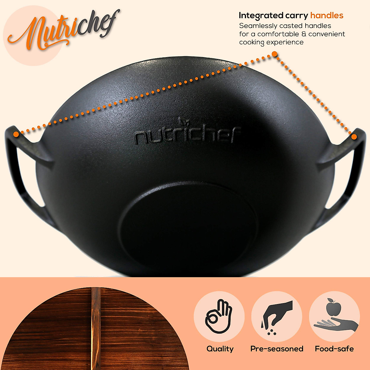 Nutrichef Pre-Seasoned Cast Pan-5.8 QT Heavy Duty Non-Stick Iron Chinese Wok or Stir Fry Skillet w/Wooden Lid, for Electric Stove Top, Induction, Large, Black