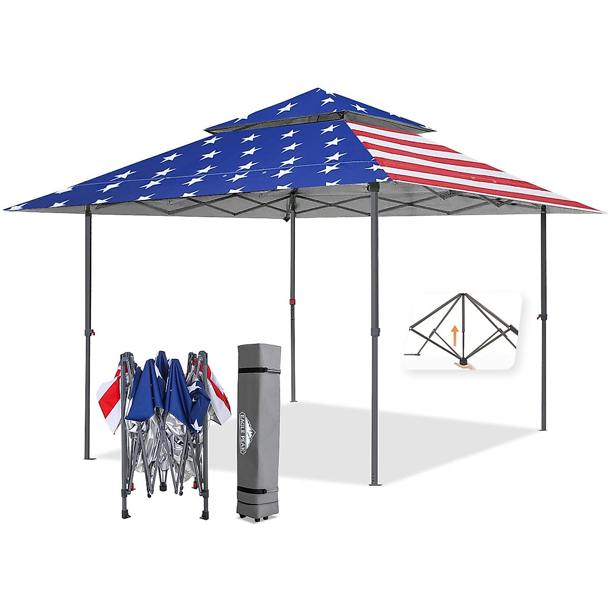 EAGLE PEAK 13x13 Straight Leg Pop Up Canopy Tent Instant Outdoor Canopy Easy Single Person Set-up Folding Shelter w/Auto Extending Eaves 169 Square Feet of Shade (American Flag)