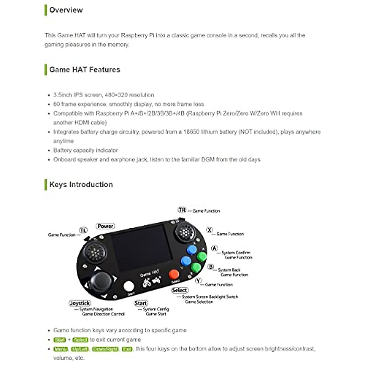 Waveshare Game HAT Compatible with Raspberry Pi 4B/A+/B+/2B/3B/3B+/Zero W/Zero WH 3.5inch IPS Screen 480×320 Resolution Onboard Speaker and Earphone Jack