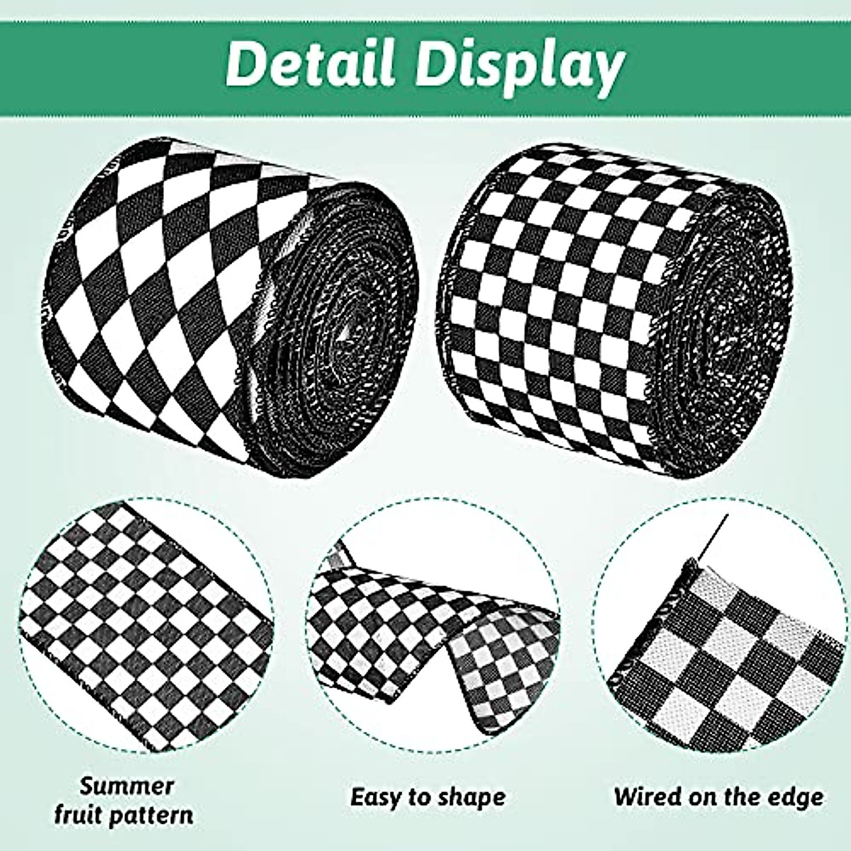 2 Rolls/ 20 Yards Black and White Checkered Ribbons Buffalo Plaid Wired Edge Ribbon Diamond Check Gingham Wrapping Ribbon for Christmas Tree DIY Hair Bow Wreath Decors Crafts, 2 Styles (2.5 Inch Wide)