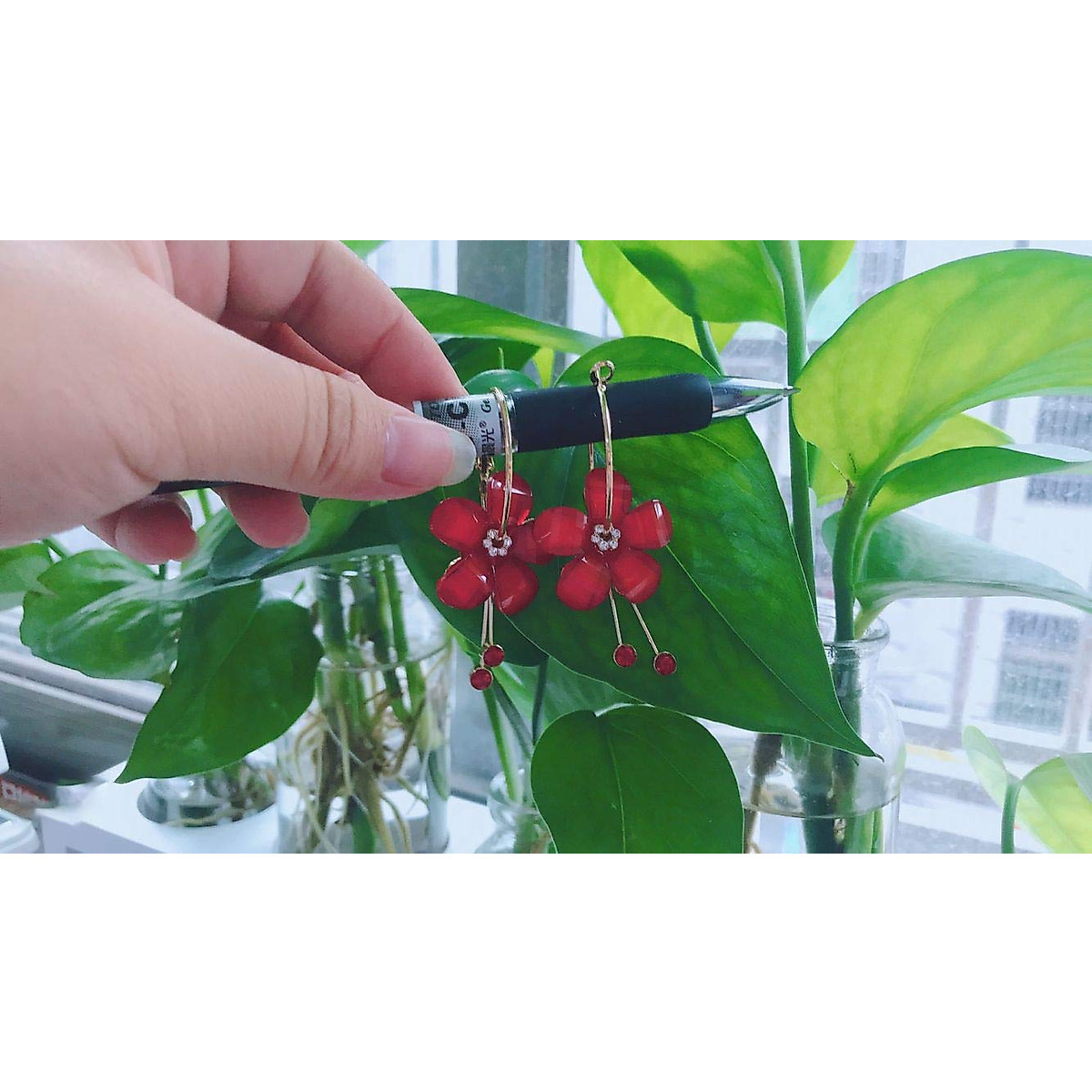 Romantic Crystal Acrylic Rose Flower Earrings Five Leaves Exaggerated Round Hoop long Tassel Earring for Women Jewelry (Red) (Red)