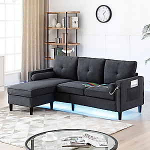 3 in 1 Convertible Sectional Couch with LED Lights & Storage Ottoman, Modern L-Shape Fabric Sofa Bed, Upholstered Chaise Longue with 2 USB Ports, Side Pockets for Living Room, Office (Black)