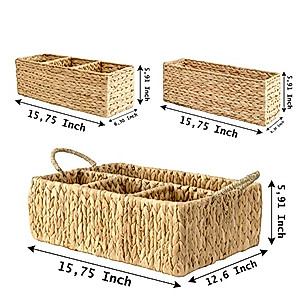 ATHENA HOME Set of 3 Wicker Divided Storage Basket Woven Basket Hyacinth for Organizing Bathroom, Kitchen Shelves Office Supplies Organization Rectangular Tray, Use on Bathroom Vanity, Countertop.