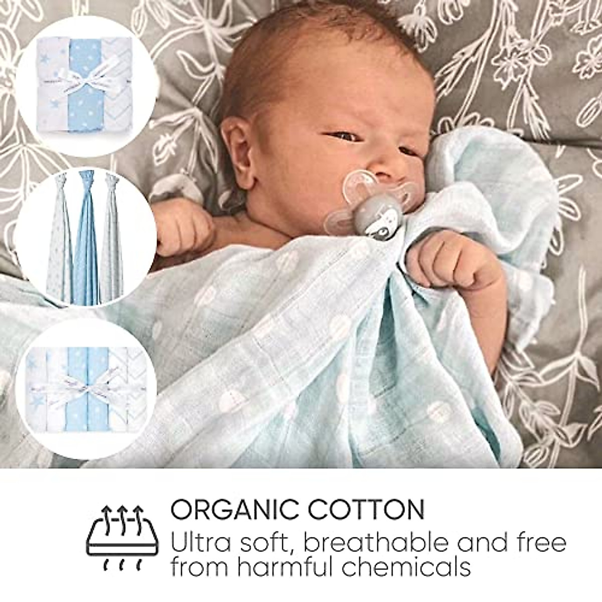 Bloomsbury Mill - Pack of 6 Super Soft Muslin Receiving Blankets - 100% Certified Organic Cotton in Gifting Ribbon Stars, Chevrons & Polka Dots Designs - Blue & White - 28" x 28"