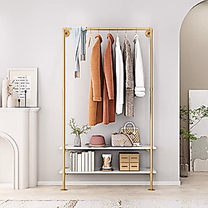 HOMEKAYT Industrial Pipe Clothing Rack Wall Mounted Garment Rack with Wooden Shelves Vintage Hanging Rack for Bedroom, Living room-gold