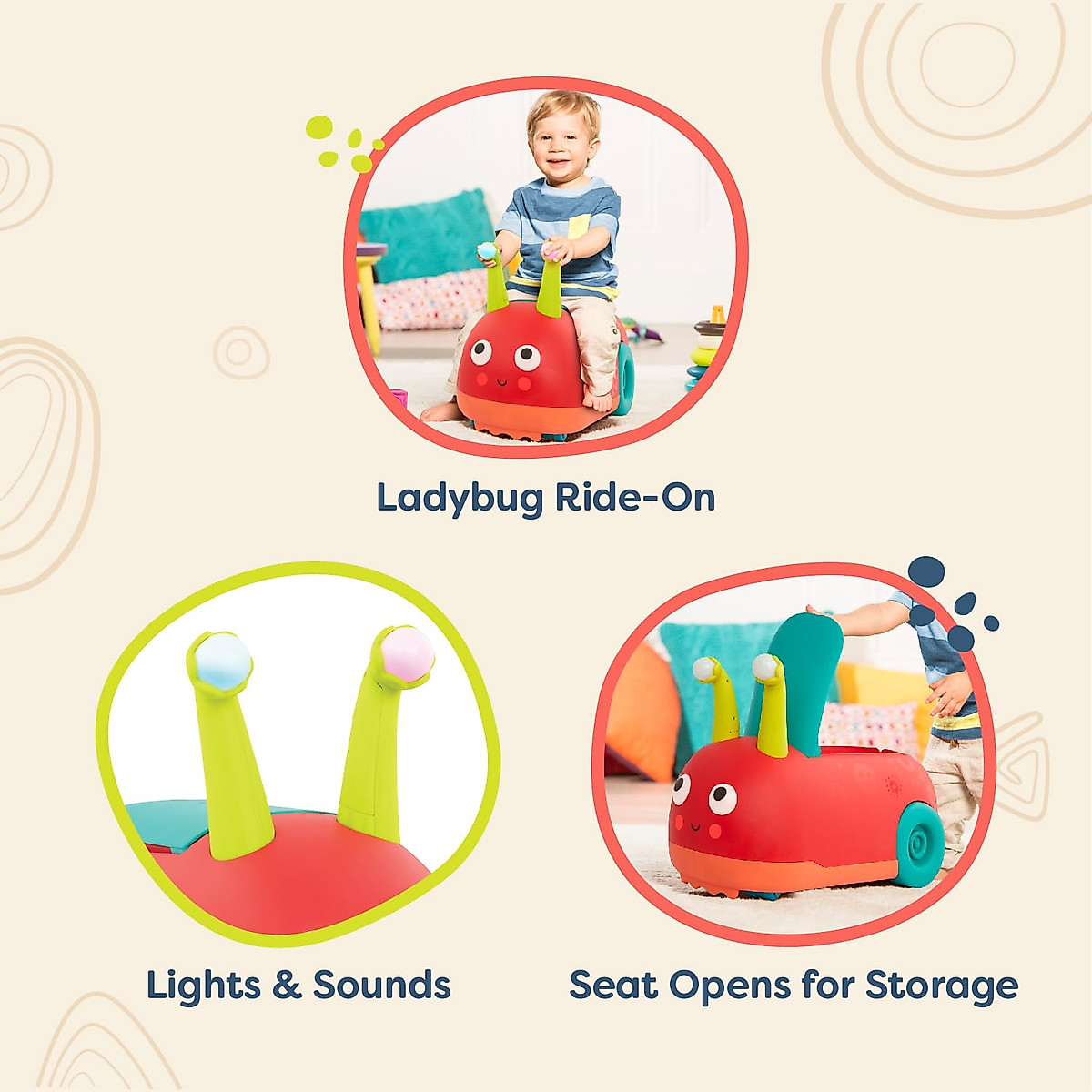 B. toys- Ladybuggy- Ride-On Toy with Lights & Sounds– Ladybug Ride On- Ergonomic Seat – 1 Year +