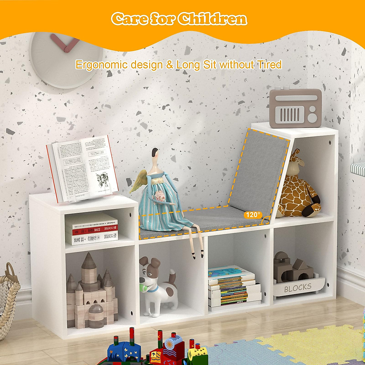 HedoajimKids Bookshelf with Reading Nook,Bookcase with 6 Cubby and Seat Cushion,Toddler Reading Bench and Toy Storage Organizer for Kids Room, Playroom, Classroom, Nursery,Bedroom