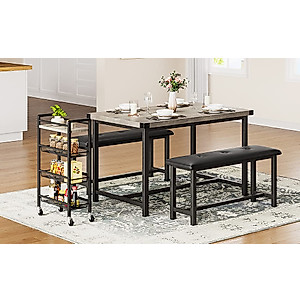 IDEALHOUSE Dining Table Set for 4, Kitchen Table with Benches, Rectangular Dining Room Table Set with 2 Upholstered Benches, 3 Piece Dining Table Set for Small Space, Apartment, Studio, Retro Gray