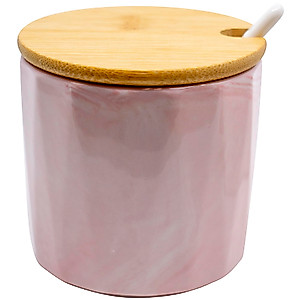 Stephanie Imports Set of 6 Tiered Marble Ceramic Condiment Spice Jars & Drawers With Spoons, Bamboo Lids and Rack (Pink)