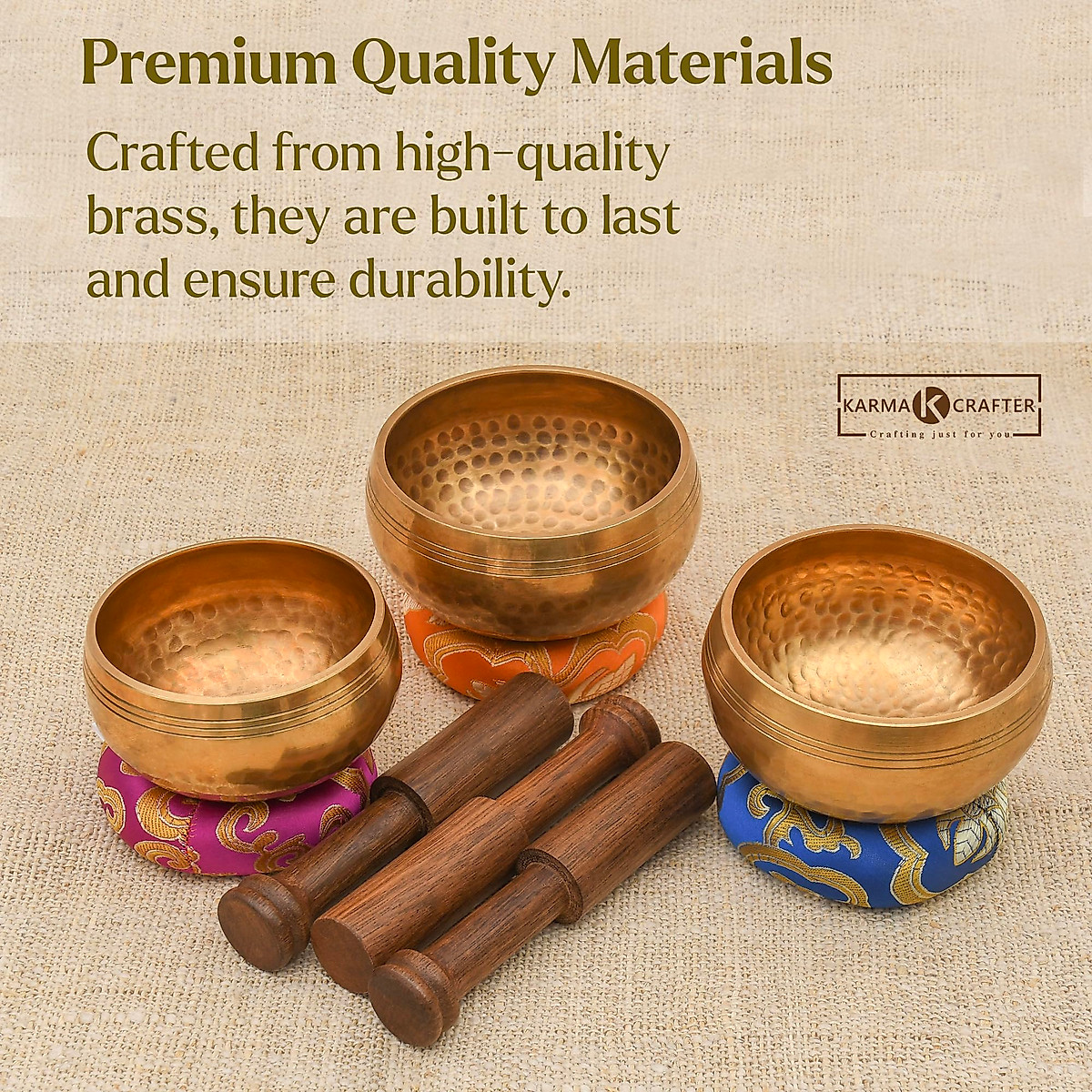 Tibetan Singing Bowl set From 7 Planets, Hand Hammered Design | Meditation Sound Bowl, 7 Chakra bowl, Mallet & Cushion set for Yoga (3 Chakra Set)