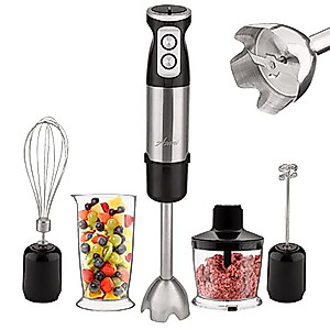 5 in 1 Handheld Immersion Blender, Anti-Splash Stick Blender with a Milk Frother, Egg Whisk, Food Grinder, and Blending Container, Hand Held Blender for Smoothies, Baby Food, Coffee, and Baking