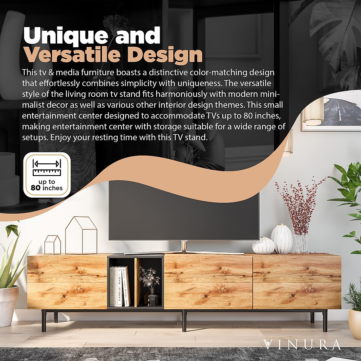 TV Stands for Living Room - 76” MDF Naturakl Wood TV Stand for Bedroom - Multipurpose Entertainment Center with Storage - TV & Media Furniture for 80’’ TV with 3 Doors - Organize, Elevate, Enjoy!