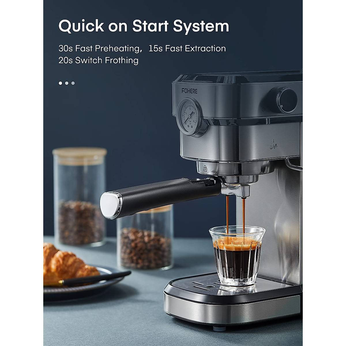 FOHERE Espresso Machine, 15 Bar Espresso and Cappuccino Maker with Milk Frother Steam Wand, Professional Espresso Coffee Machine for Espresso, Cappuccino, Latte and Mocha, Brushed Stainless Steel