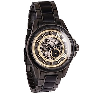 HOLZKERN Navona Men’s Watch, 43mm Gold/Gray Skeleton Dial, Brushed Stainless Steel Strap, Vintage Watch for Men