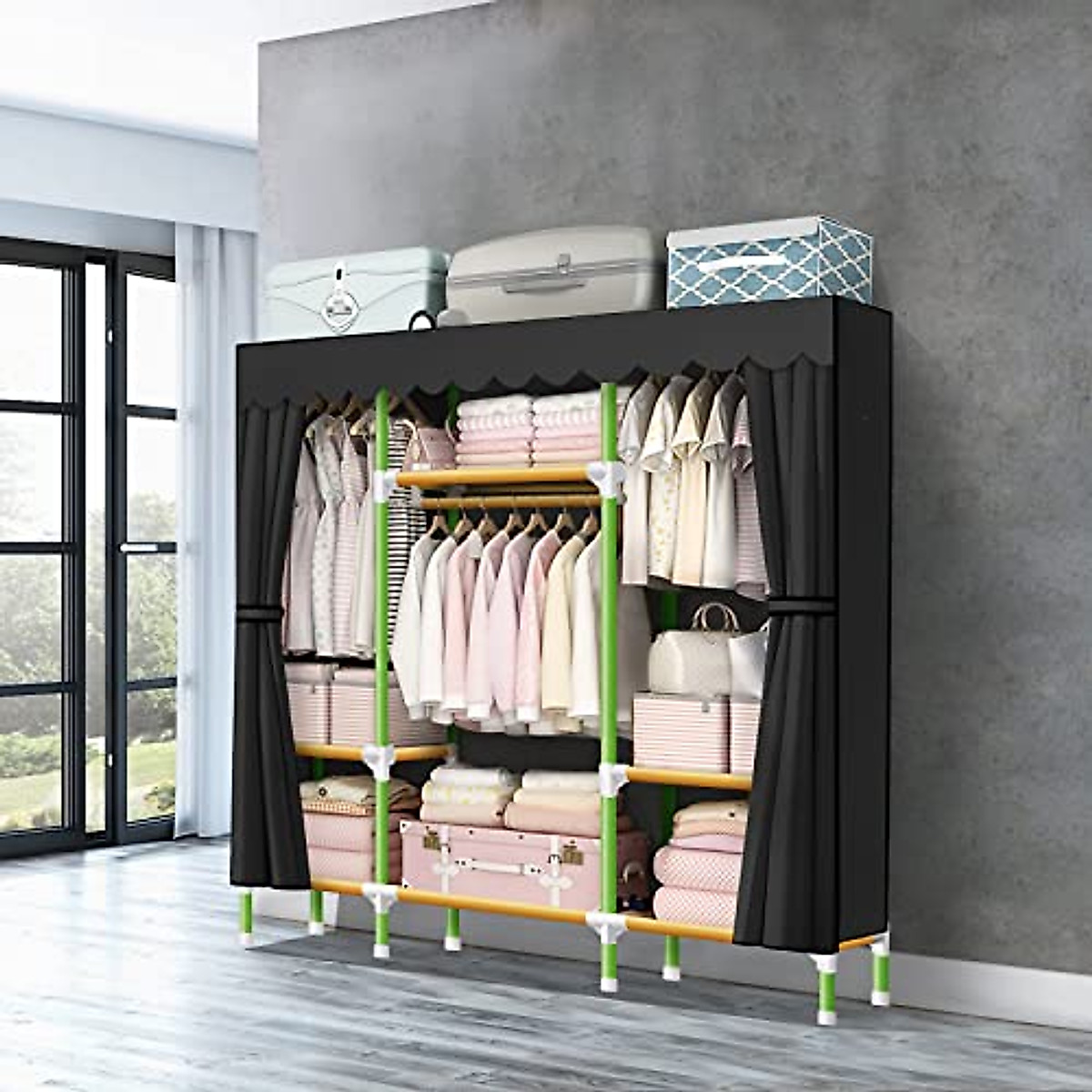 YOUUD Portable Closet 57 Inch Wardrobe Closet Clothes Organizer with 3 Storage Shelves and 3 Hanging Rods, Cloth Closet of Colored Rods Black Cover Quick and Easy to Assemble,Strong and Durable