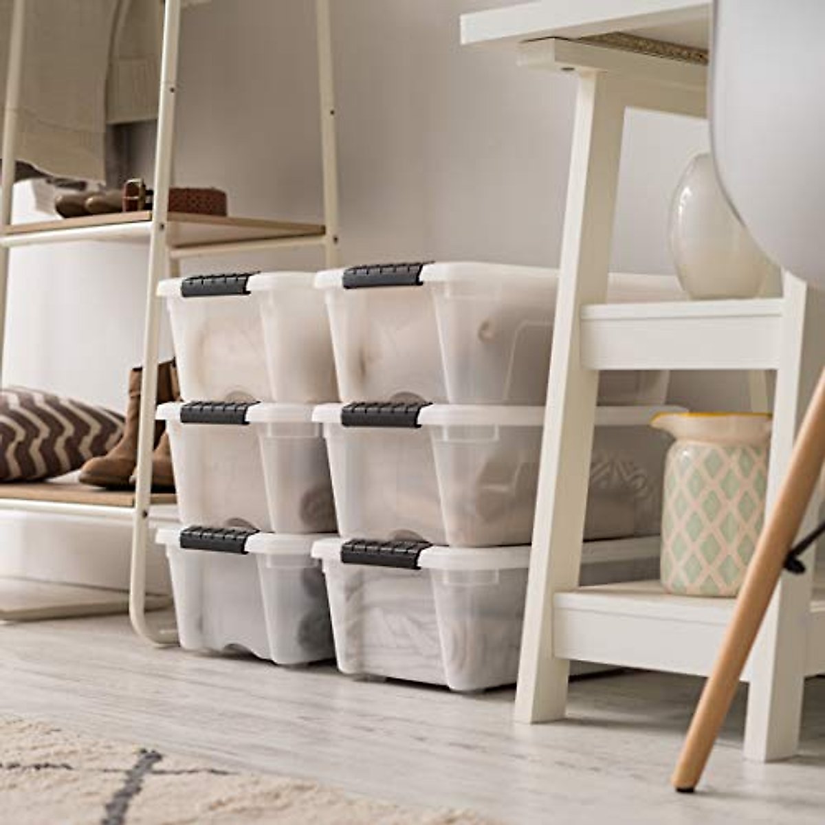 IRIS USA 12 Qt. Plastic Storage Container Bin with Secure Lid and Latching Buckles, 6 pack - Pearl, Durable Stackable Nestable Organizing Tote Tub Box Toy General Organization Small