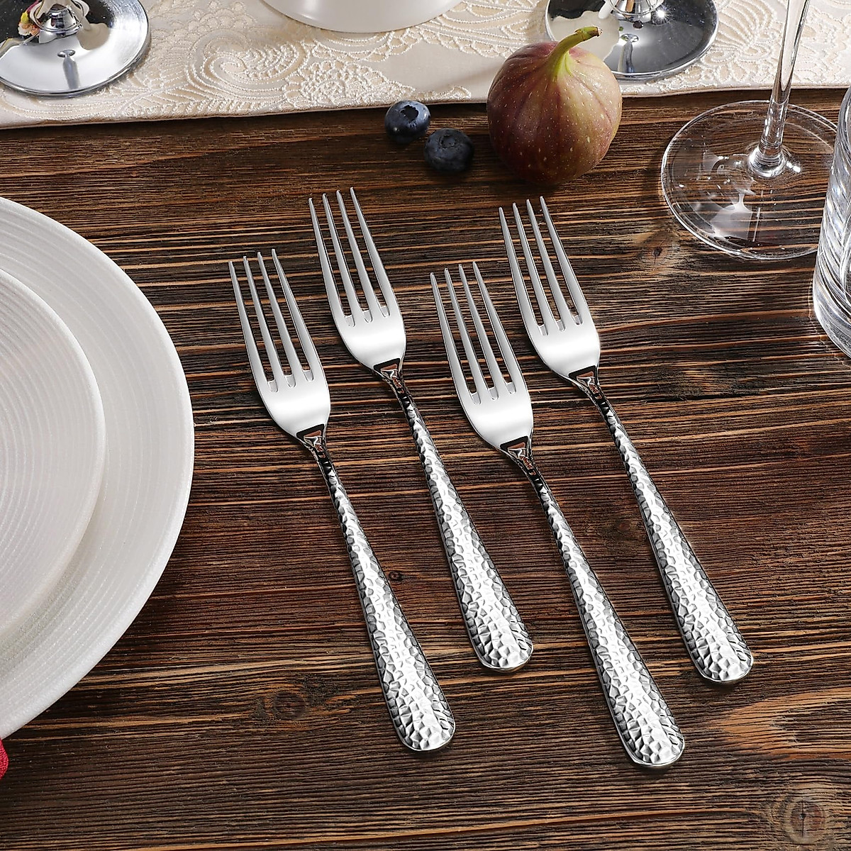 KEAWELL Premium 4-Piece/8-Piece Louise Hammered Fork Set, 18/10 Stainless Steel, Fine Fork Set with Round Edge, Brightly-Mirror polished, Dishwasher Safe. (4, 8" Dinner Forks)