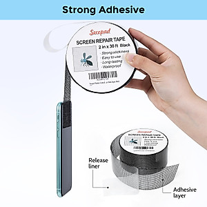 Secopad Black Window Screen Repair Tape, 2 in X 30 FT (360IN) Screen Repair Kit for Windows or Doors, Strong Adhesive Screen Patch Fiberglass Screen Tape Mesh Repair