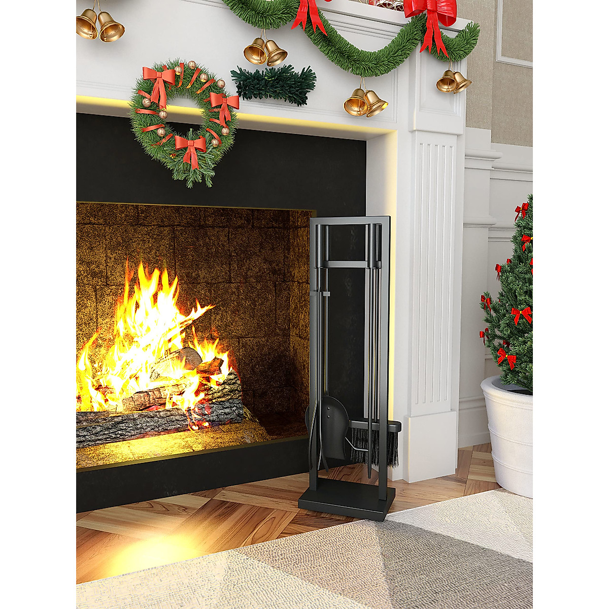 CALIDOLA 5 Pieces Fireplace Tools Set Wrought Iron Fireplace Tools with Chimney Poker, Tongs, Shovel, Brush and Stand Hearth Accessories Set, Black