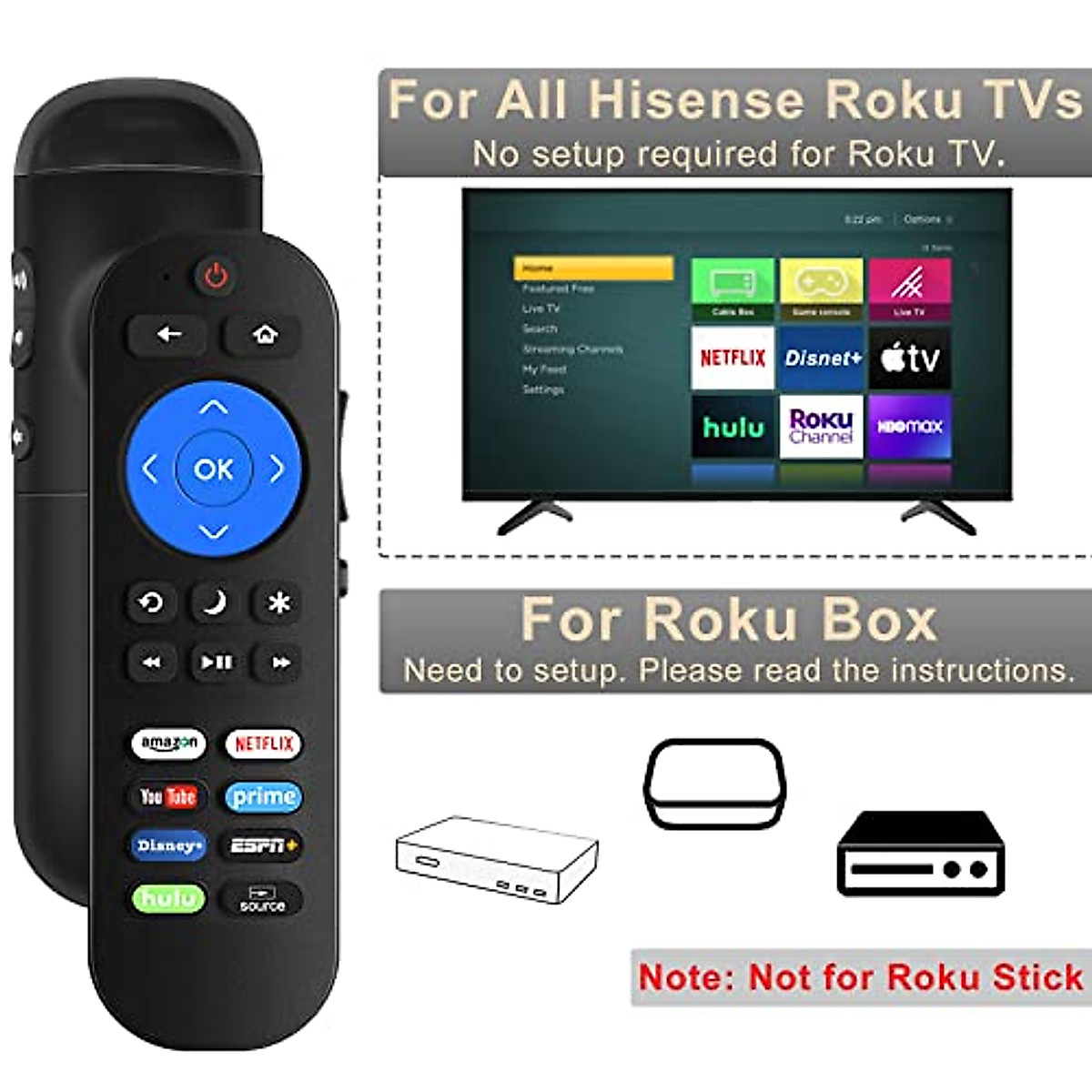 TV Legs for Hisense TV Legs with Remote for Roku TV & Roku Players, TV Base Stand for Hisense TV Stand 32" 43" 50" 55" 58" 60" 65" TV with Screws, Base Stand & Replacement Remote for Hisense Roku TV