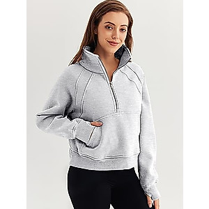 WYNNQUE Womens Quarter Zipper Pullover Oversized Sweatshirts Cropped Fleece Half Zip Hoodies Fall Clothes Sweaters Thumb Hole Grey S