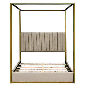 XD Designs Modern 4-Poster Canopy Platform Bed Queen Size with Channel Upholstery Tufted Headboard, Gold Metal Canopied Design Platform Bed Frame with Strong Slats Support (Beige+U)