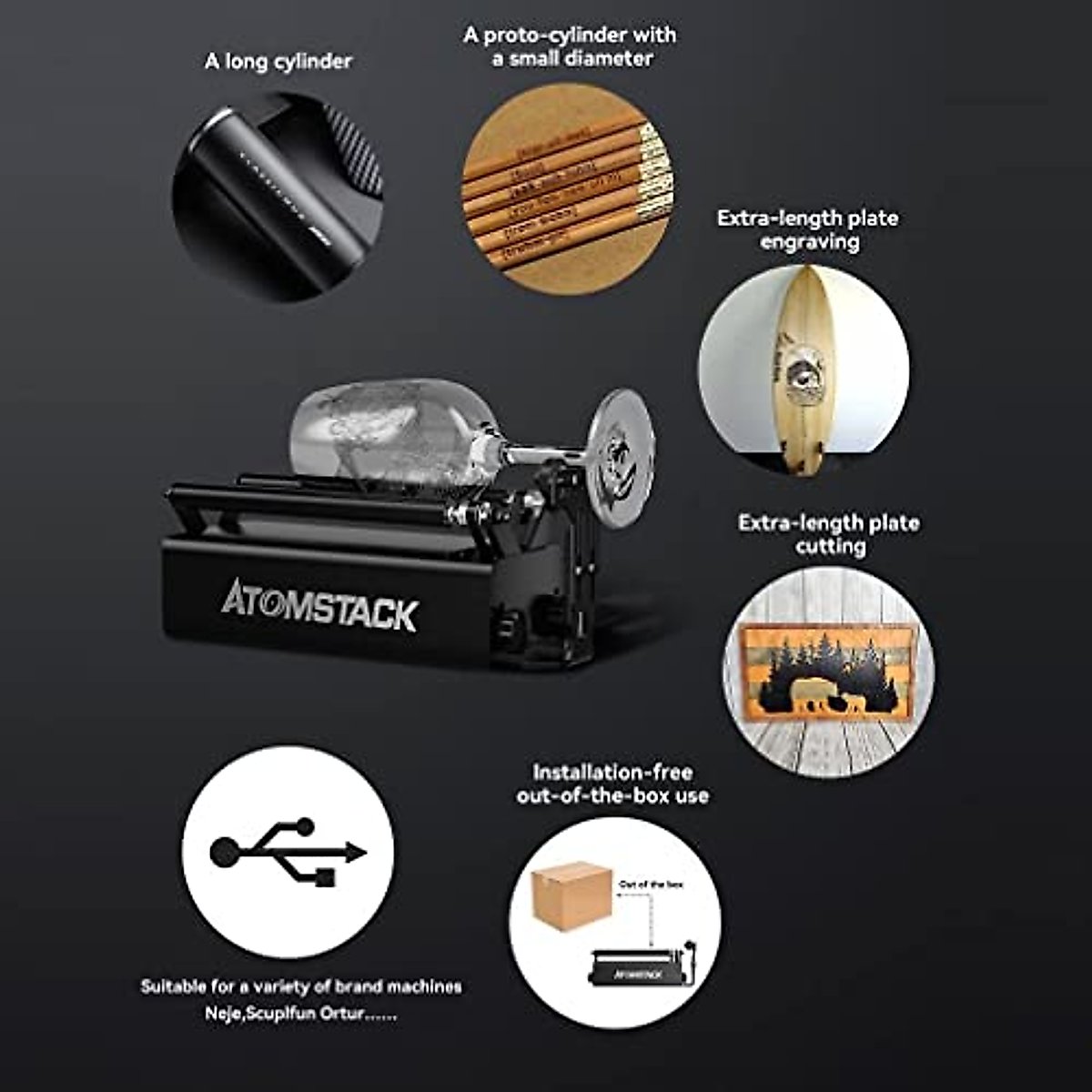 ATOMSTACK R3 Pro Laser Rotary Roller, Engraving Auxiliary Module for Laser Engraver, 360° Y-axis Rotating Roller for Carving of Goblet/Cylindrical/Round/Oversized Objects (R3 Pro Rotary Roller)