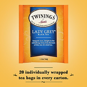 Twinings Lady Grey Tea - A Fresh, Uplifting Black Tea with Orange Peel, Lemon Peel, and Natural Citrus Flavours, Caffeinated Tea Bags, Individually Wrapped, 20 Count (Pack of 3)
