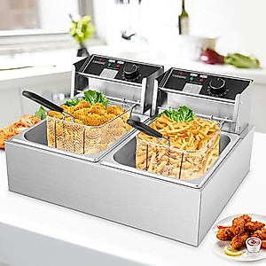 Commercial Deep Fryer, 3400W Electric Deep Fryers with 2x6.35QT Baskets 0.8mm Thickened Stainless Steel Countertop Oil Turkey Fryer 20.7QT Large Capacity with Temperature Limiter