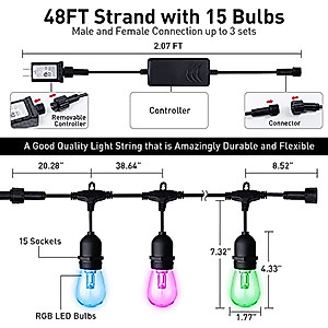 48FT Outdoor RGB String Lights with 15 S14 E26 Waterproof LED Bulbs， String Lights Patio Lights with Remote Control for Bistro Backyard Garden Cafe Pergola-15 Bulb