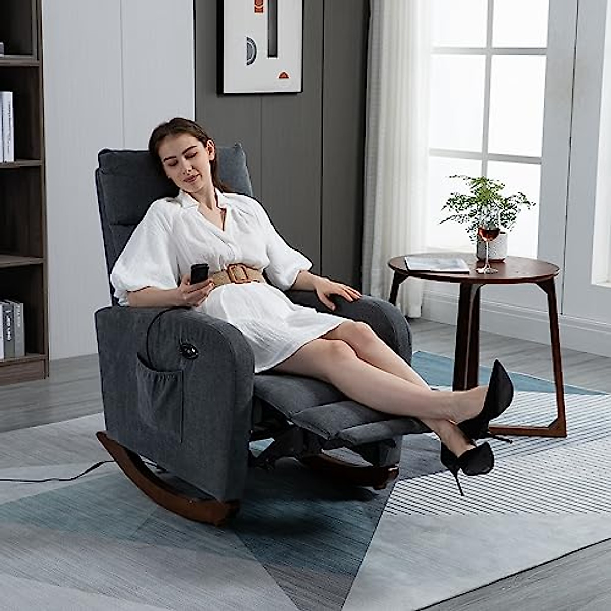 AVAWING Electric Massage Rocking Chair, Rocking Accent Armchair with Heat Function USB Ports, Rocker Fabric Padded Seat Wood Base, Modern High Back Armchair with Footrest Remote Control for Home,Grey