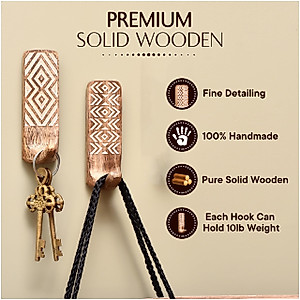 Indian Shelf 3 Pack No Damage Wood Wall Hooks- Adhesive Wall Hooks -Boho Key Decorative Wall Hooks for Hanging- Wood Hangers -Sticky Coat Hooks Wall Mount- Towel Hooks for Bathroom Wall Mounted-Style1