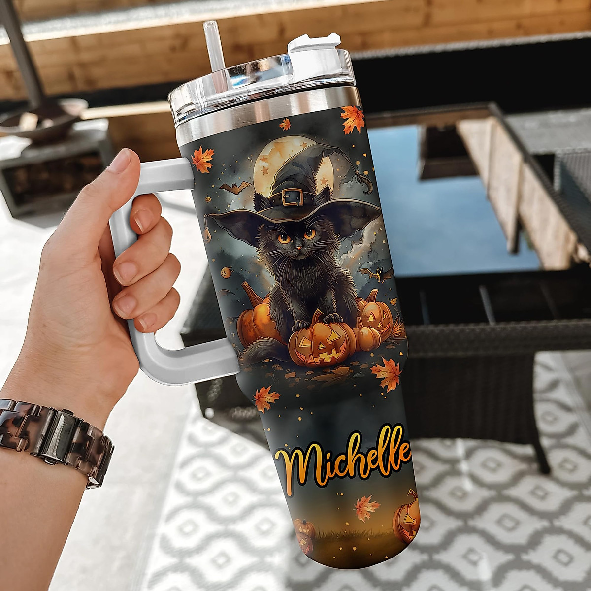 Hyturtle Personalized Halloween Black Cat Tumbler - Gifts For Cat Lovers - Black Cat Gift For Women - Spooky Season Cat Gift - Meoky Halloween Tumbler - Custom Travel Coffee Cup 40oz Lid And Straw