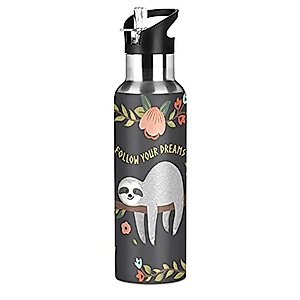 Kids Sloth Insulated Water Bottle with Straw Lid & Handle Reusable Vacuum Stainless Steel for Girls