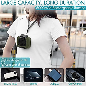 AddAcc Portable Waist Clip Fan, 6000mAh Rechargeable Battery Operated Fan, 3 Powerful Speed, Input & Output, Hand Free Necklace Fan Hanging Waist Fan for Outdoor Work, Farm, Hiking, Travel