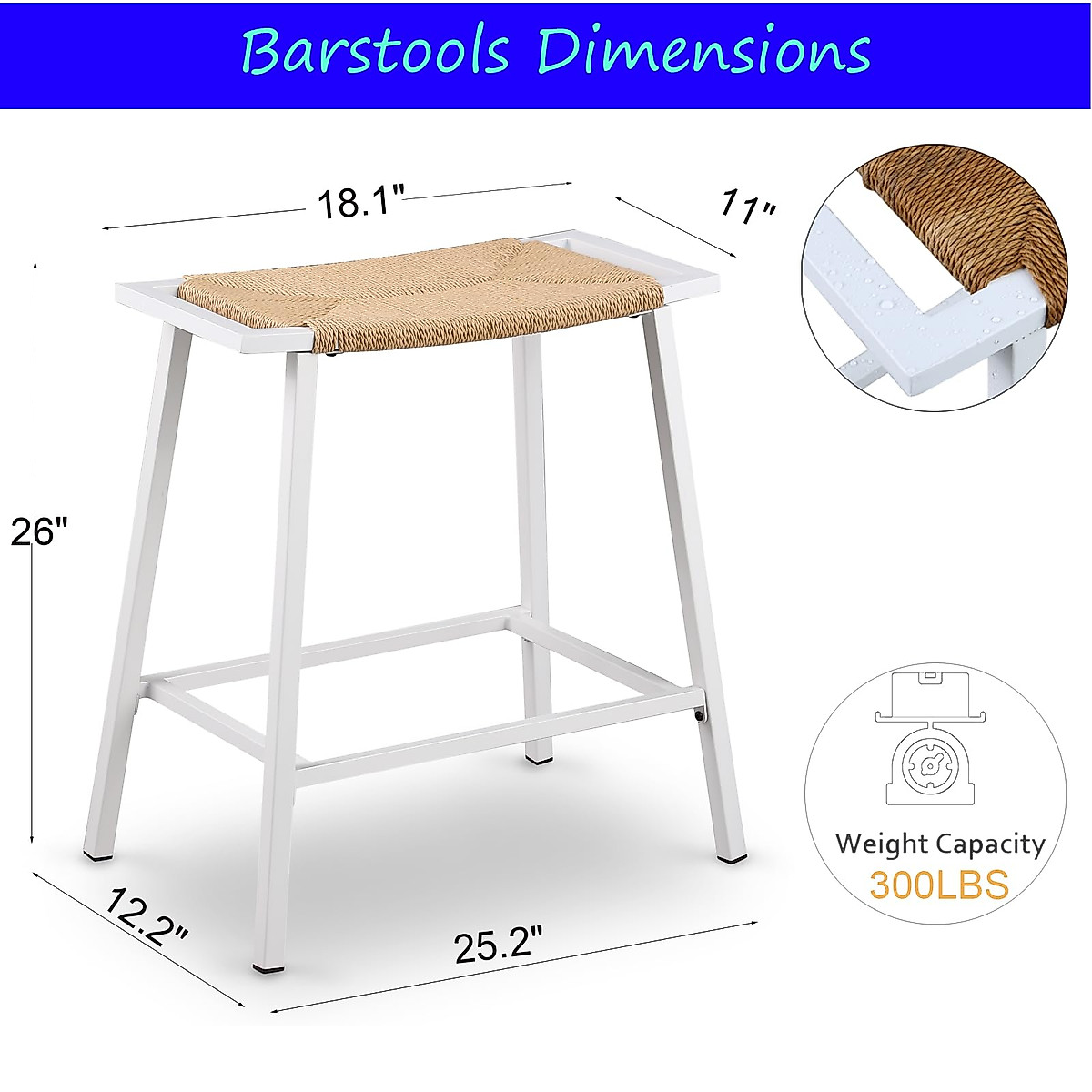 OUllUO 26'' Bar Stool, Weave Bar Height Counter Stools, Backless Wicker Saddle Stools for Kitchen Island, Rope Rattan Barstools with Metal Base, 919WT-1Pc