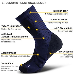 SHESMILED Merino Wool Hiking Walking Crew Socks 3 Pack, Cushion, Quick Dry, Anti Blister for Snow Boots Winter Thermal, Cold Weather Outdoor Sports Toe Warm, Arch Compression, Large, Navy Blue