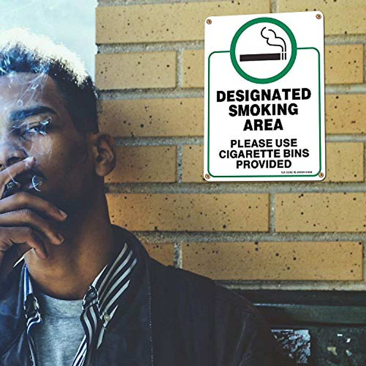 Designated Smoking Area Sign, Use Cigarette Bins Sign - 2 Pack - 10 x 7 Inches Rust Free .040 Aluminum - UV Protected, Waterproof, Weatherproof and Fade Resistant - 4 Pre-drilled Holes