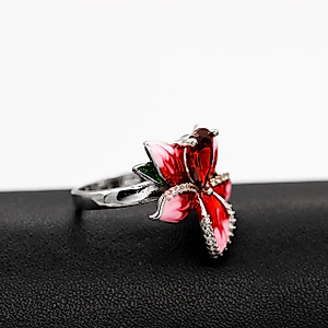 Uloveido Pear Cut Simulated Ruby Single Bloom Rose Flower Comfort Fit Cocktail Ring Platinum Plated Big Floral Rings Wedding Party Jewelry for Women (Size 6) RA627