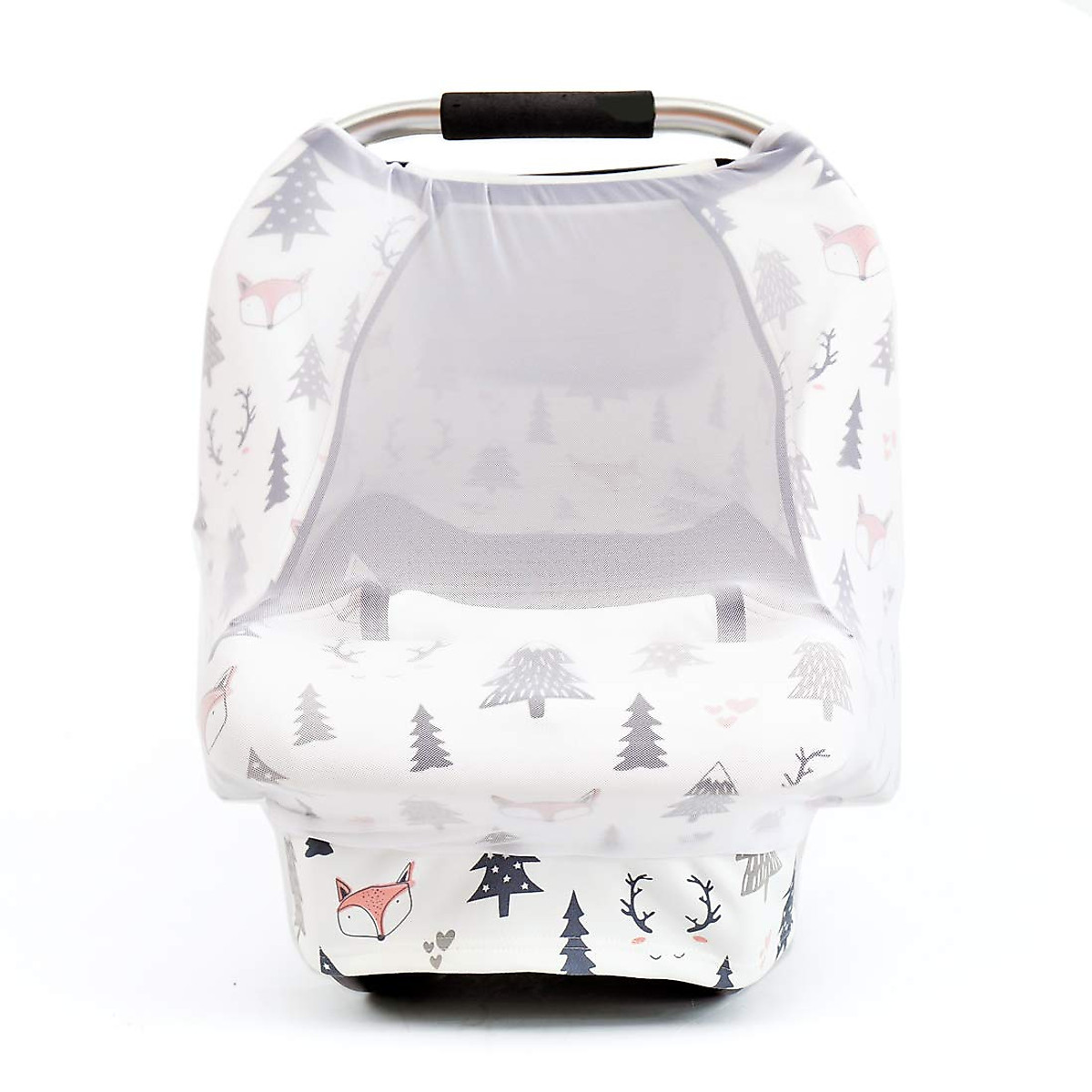 Stretchy Baby Car Seat Covers for Boys Girls, Infant Car Canopy for Spring Autumn Winter, Snug Warm Breathable, Zipped Window,Universal Fit,Forest Fox